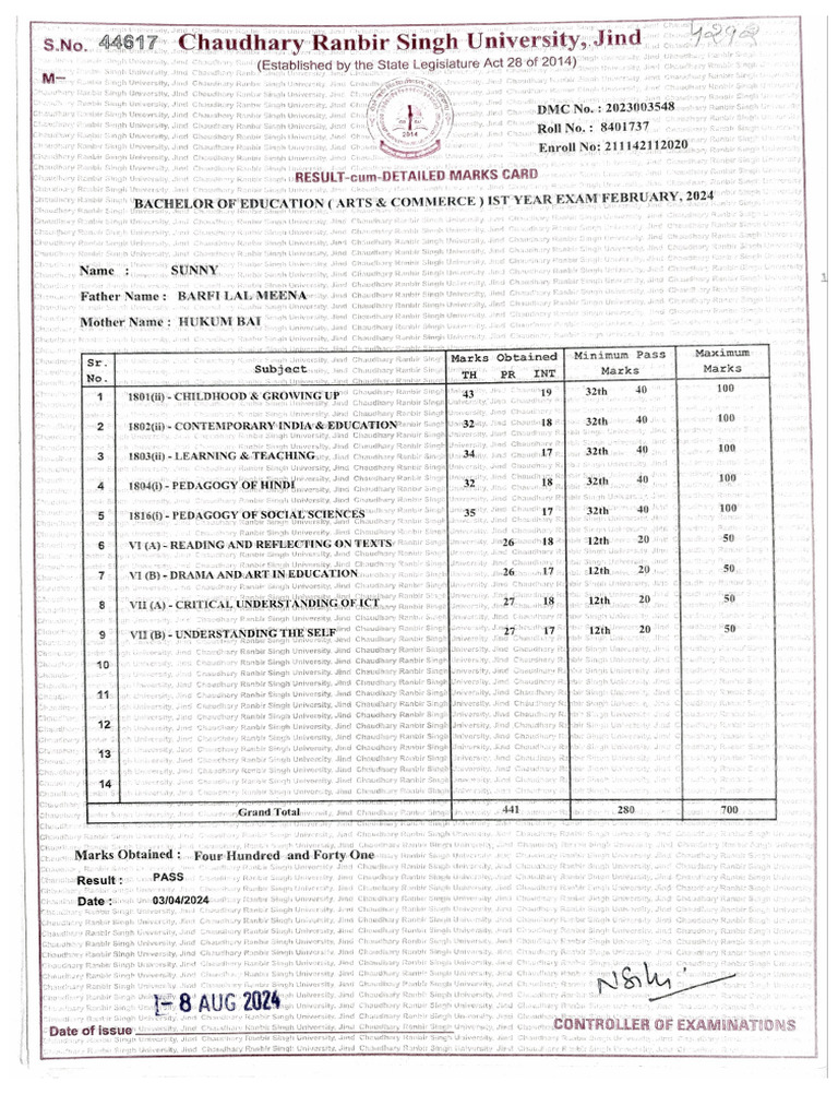B.ed Marksheet | PDF