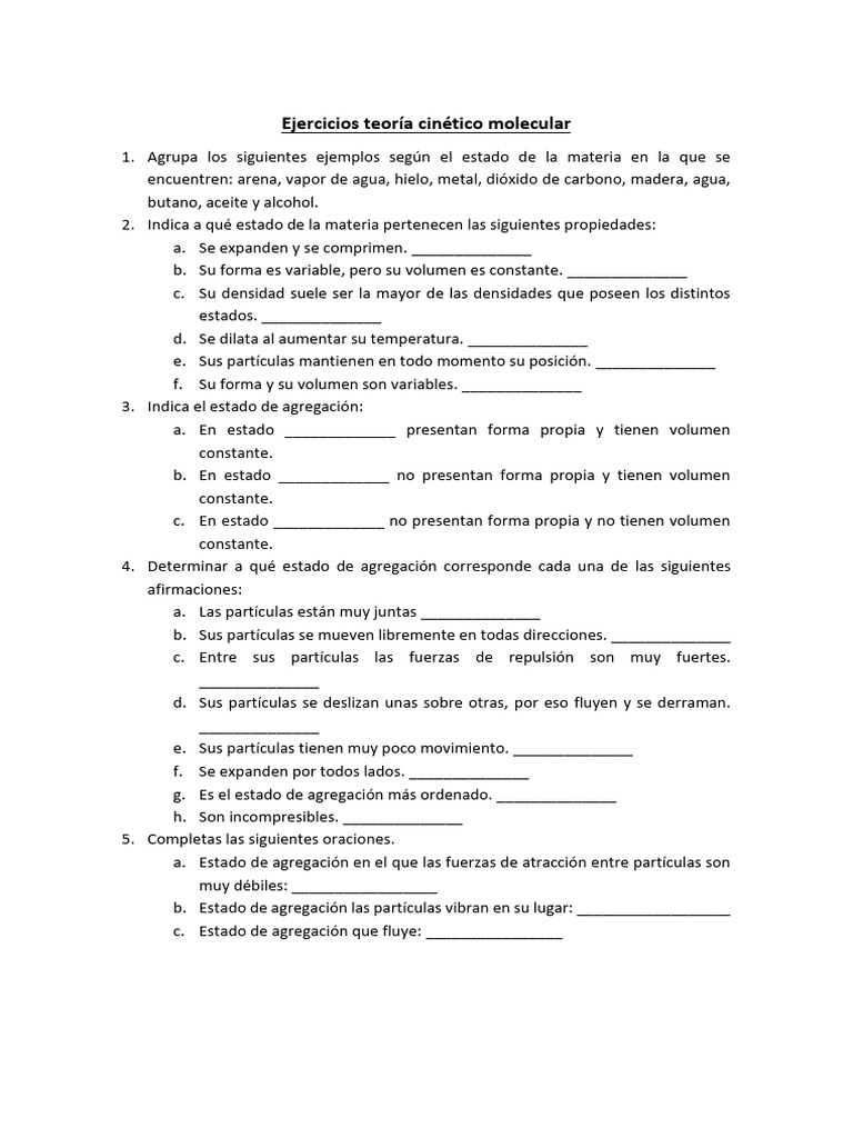 Ejercicios Teoría Cinético Molecular | PDF | Líquidos | Materiales
