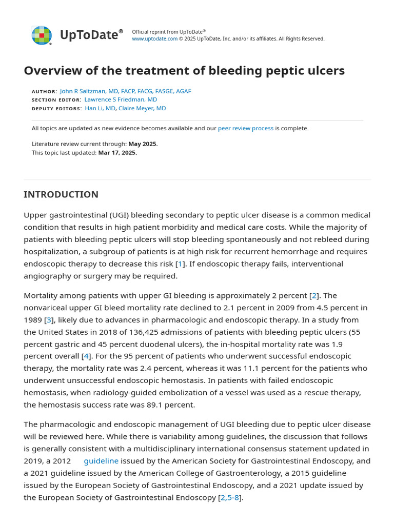Overview of the Treatment of Bleeding Peptic Ulcers - UpToDate | PDF ...