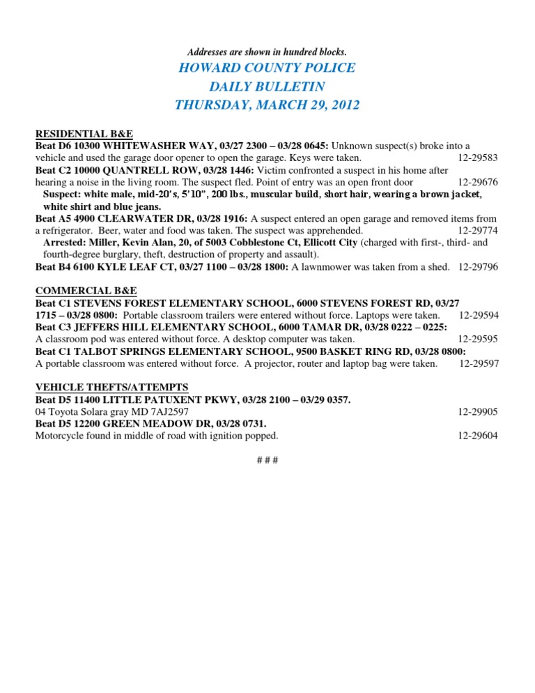 Howard County Police Bulletin 3/29/12 | PDF | Politics | Law