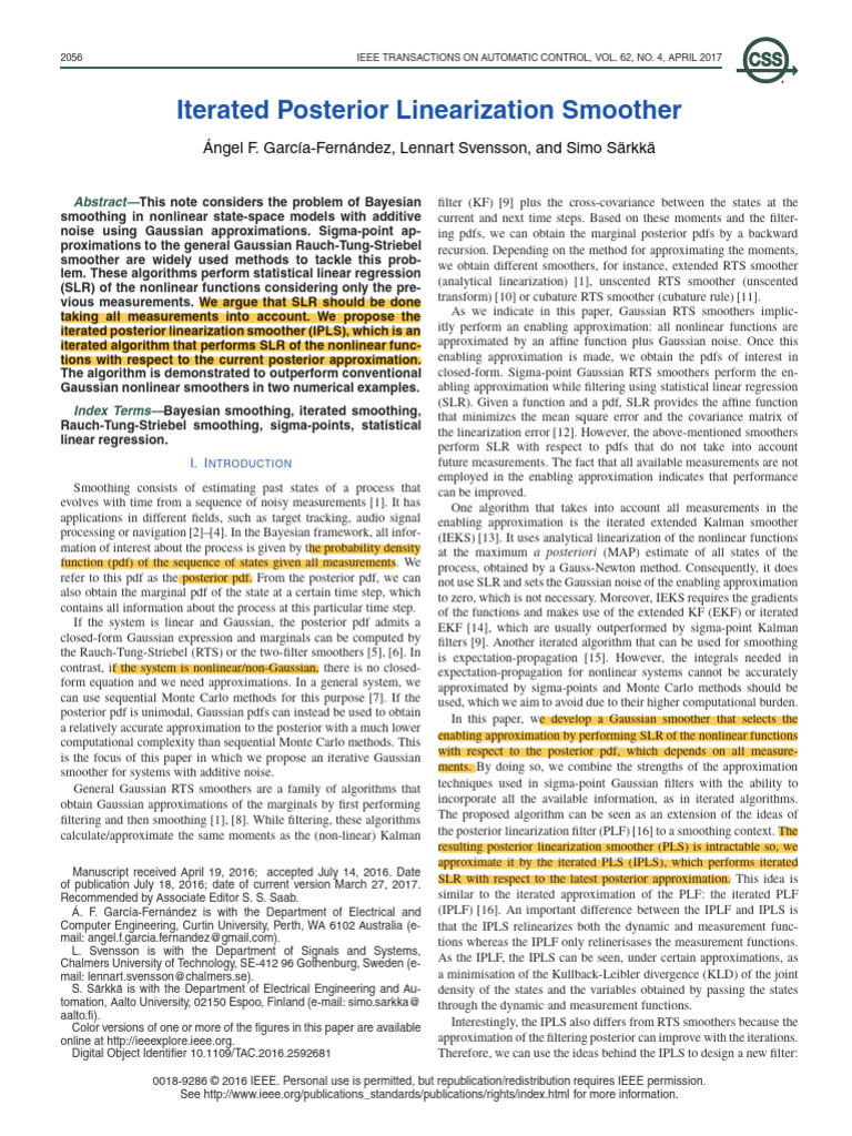Iterated Posterior Linearization Smoother Pdf Kalman Filter Mathematical Analysis