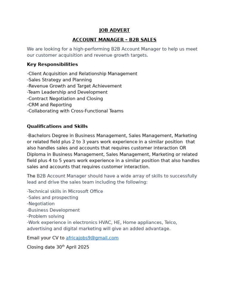 B2B Account Manager Job Opening | PDF
