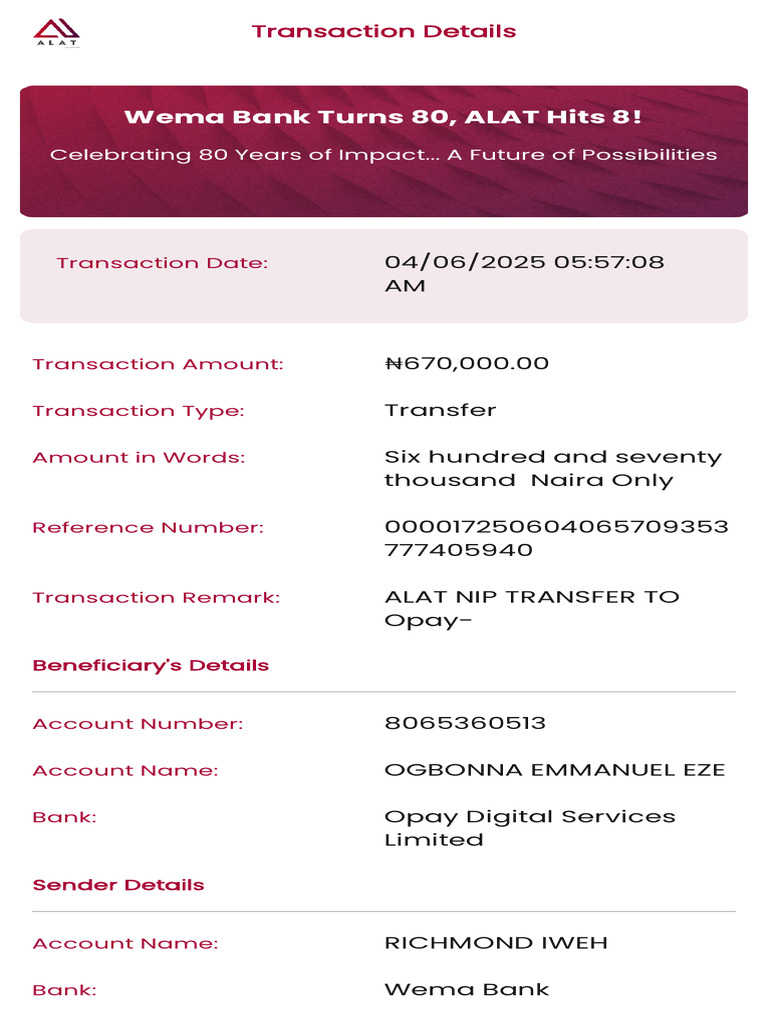 ALAT Transfer Receipt - OGBONNA EMMANUEL EZE - 8065360513 - 670,000.00 - Wednesday, June 4, 2025 ...