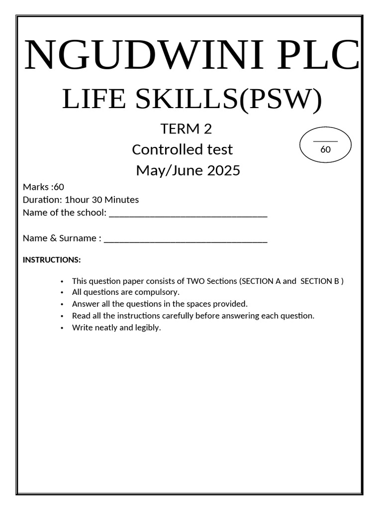 LIFE SKILLS GRADE 6 TERM 2 2024 QUESTION PAPER Neeeew | PDF | Bullying ...
