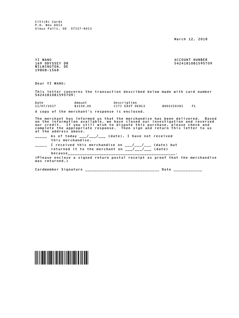 Citi Dispute Response Instructions | PDF