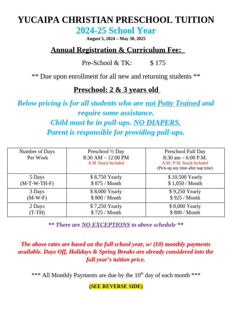 Yucaipa Christian Preschool Tuition 2024-25 | PDF | Fee | Tuition Payments