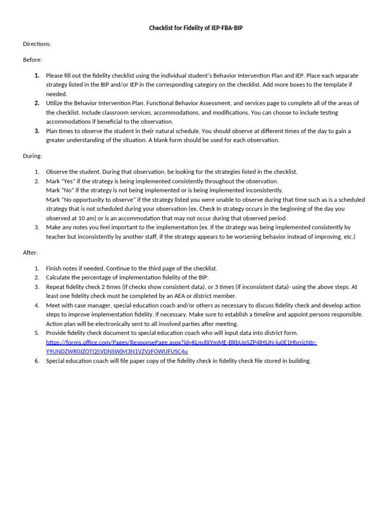 DCSD Special Education Checklist For Fidelity of IEP FBA BIP | PDF ...