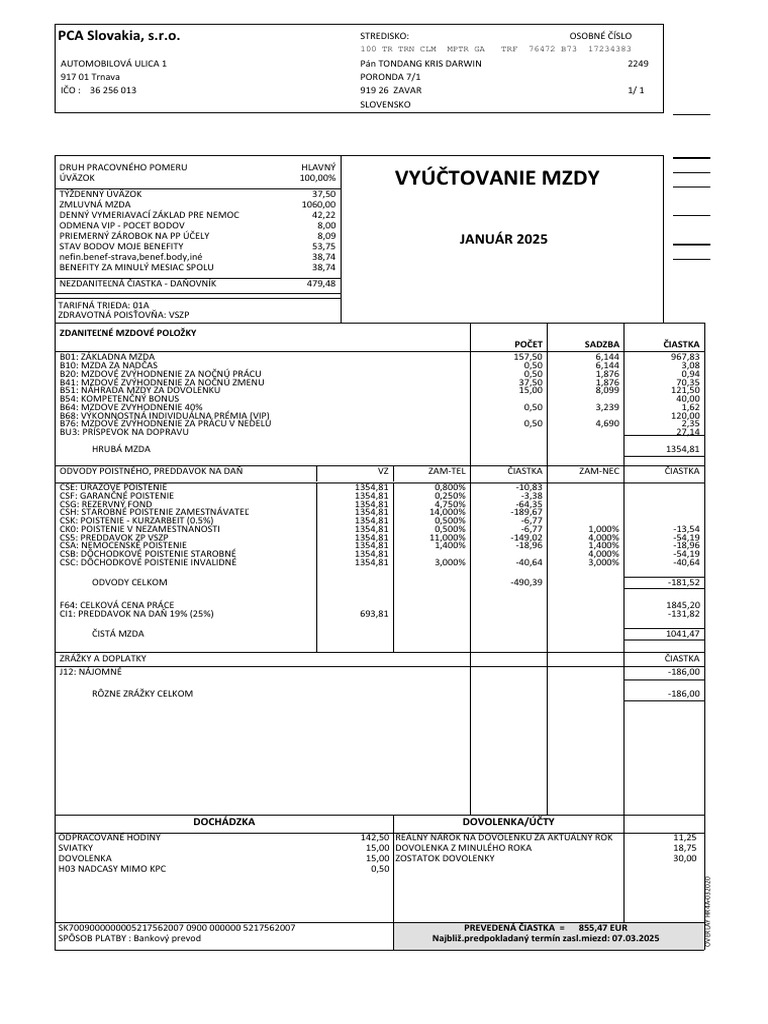 Vyuctovanie Mzdy 012025 | PDF