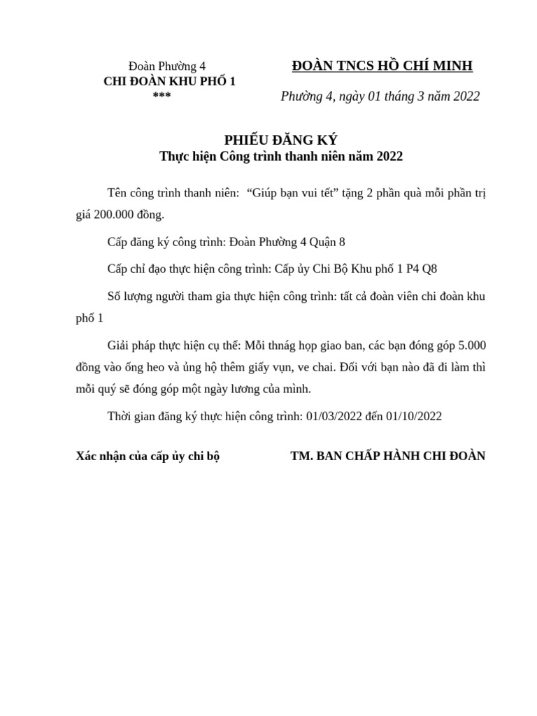 Phieu Dang Ky CTTN Năm 2022 | PDF