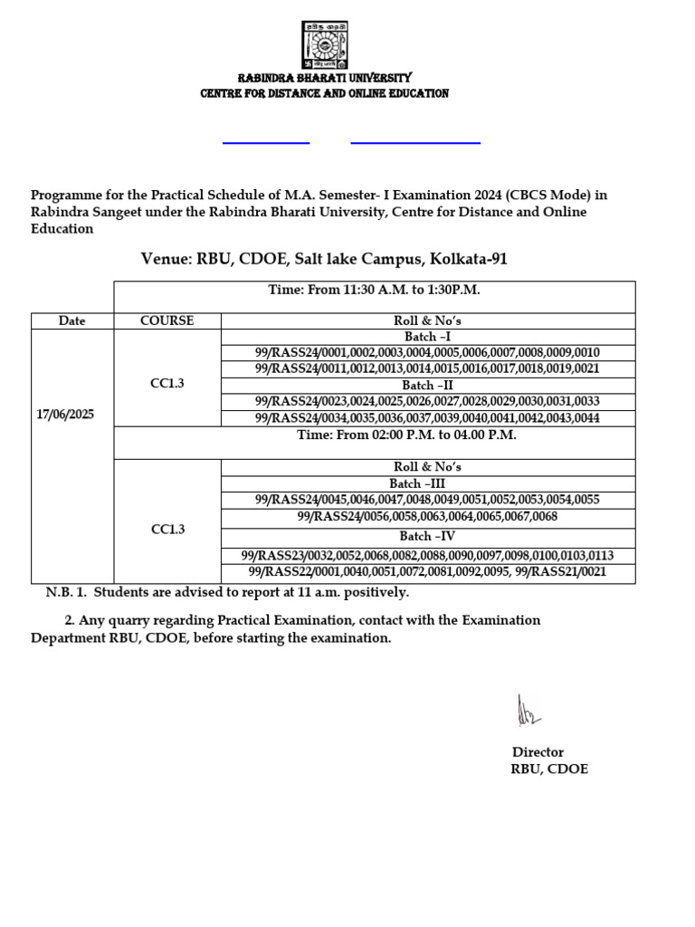 Schedule For M.A. Semester I Practical Examination 2024 For CBCS Students in Rabindra Sangeet | PDF