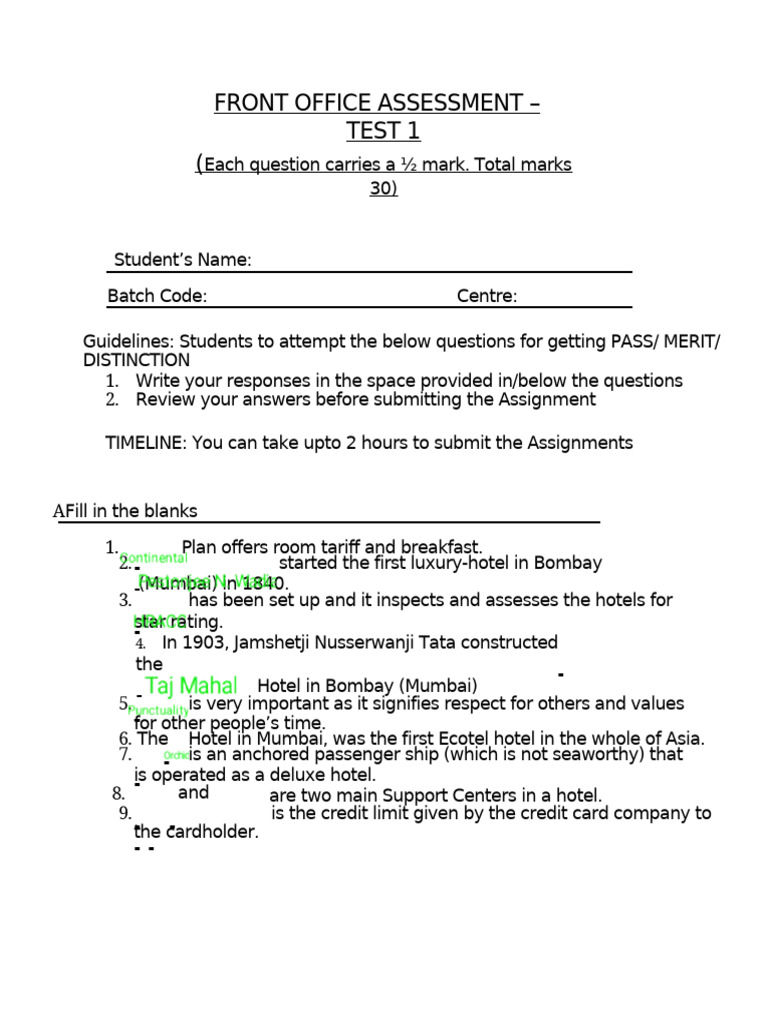 Front Office Assessment Test | PDF | Hotel | Cheque