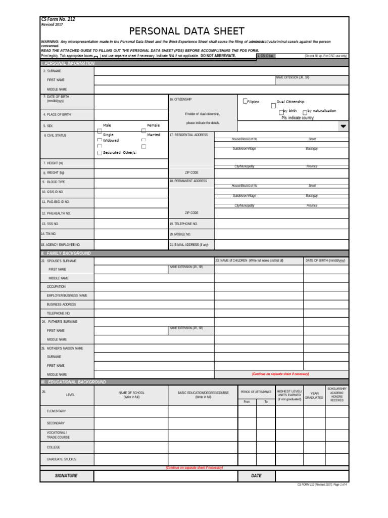 CS Form No. 212 Revised-2017 Personal-Data-Sheet | PDF | Government | Justice