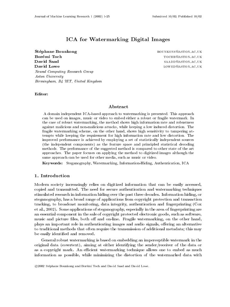 Bounkong, Toch, Saad, Lowe - ICA for Watermarking Digital Images | PDF | Data Compression ...