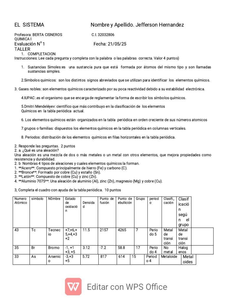 Evaluacion 1 Pdf Elementos Químicos Tabla Periódica 8931