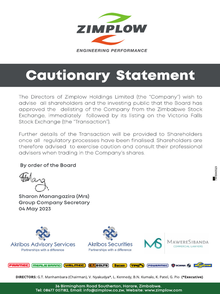 ZIMW - ZW Cautionary Statement 4.5.2023 | PDF