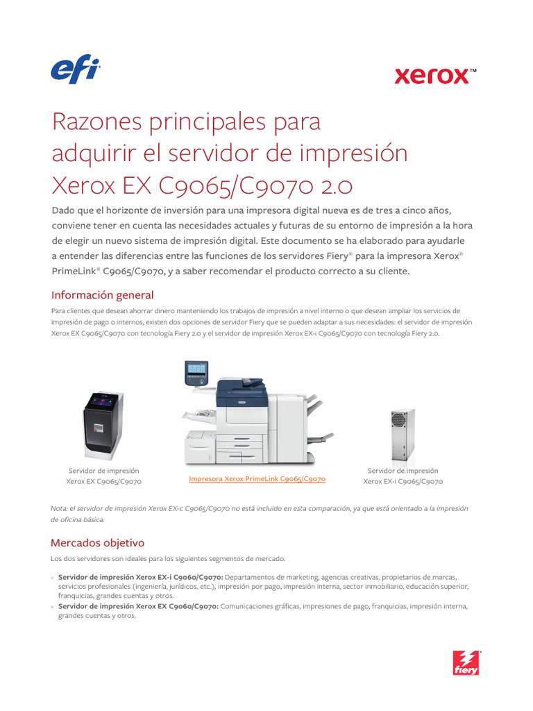 Efi Fiery Xerox Primelink c9065 c9070 v2 Server Comparison Ds Es Es ...