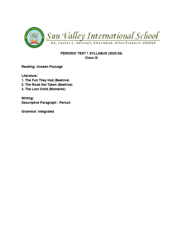 Class 9 - PT 1 English Syllabus | PDF