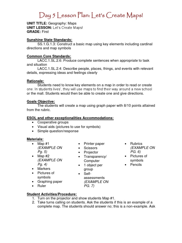 Day 5 Lesson Plan: Let's Create Maps!: UNIT TITLE: Geography: Maps Unit ...