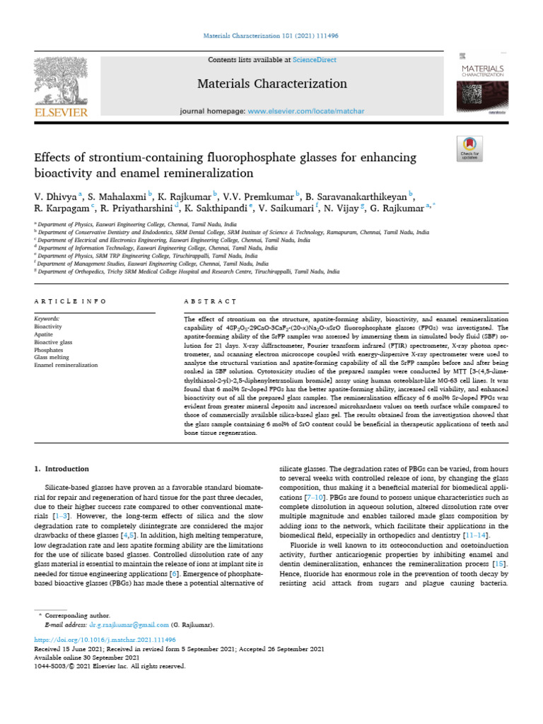 Effects of SrO Containing FPGs For Enhancing Bioactivity and Enamel Remin. | PDF | Ph | Glasses