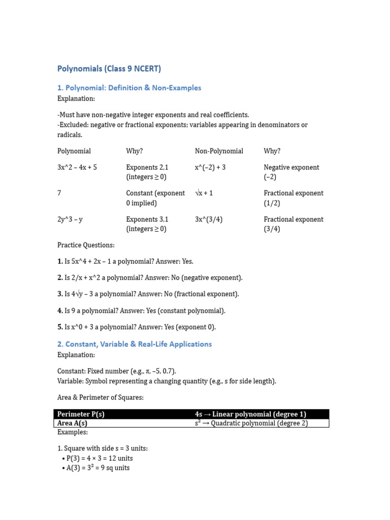 Class9 Polynomials With Tables | PDF | Polynomial | Algorithms