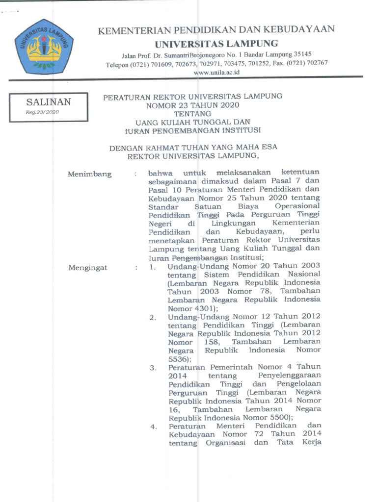 Salinan Peraturan Rektor Nomor 23 Tahun 2020 Tentang Uang Kuliah ...