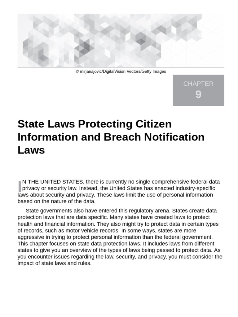 Legal and Privacy Issues in Information Security - (Chapter 9 State Laws Protecting Citizen ...