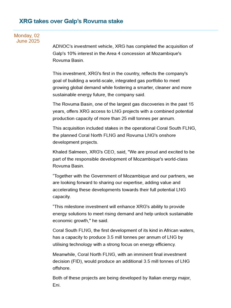 XRG Takes Over Galp's Rovuma Stake | PDF | Natural Gas | Liquefied ...
