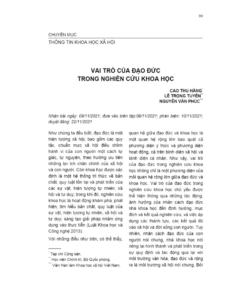 Tl2-Vai Trò Của Đạo Đức Trong Nghiên Cứu Khoa Học-tạp Chí Khoa Học Xã Hội, Số 11 (279) 2021 | PDF