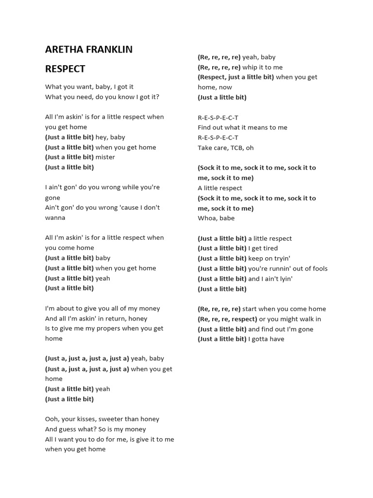 Respect Lyrics by Aretha Franklin | PDF