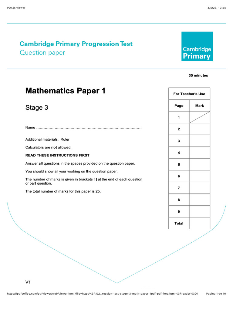 Maths Year3 Progresion Test Paper 1 2011 | PDF