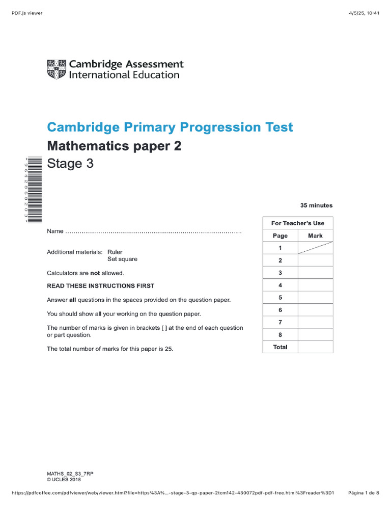 Maths Year3 Progresion Test Paper 2 2018 | PDF