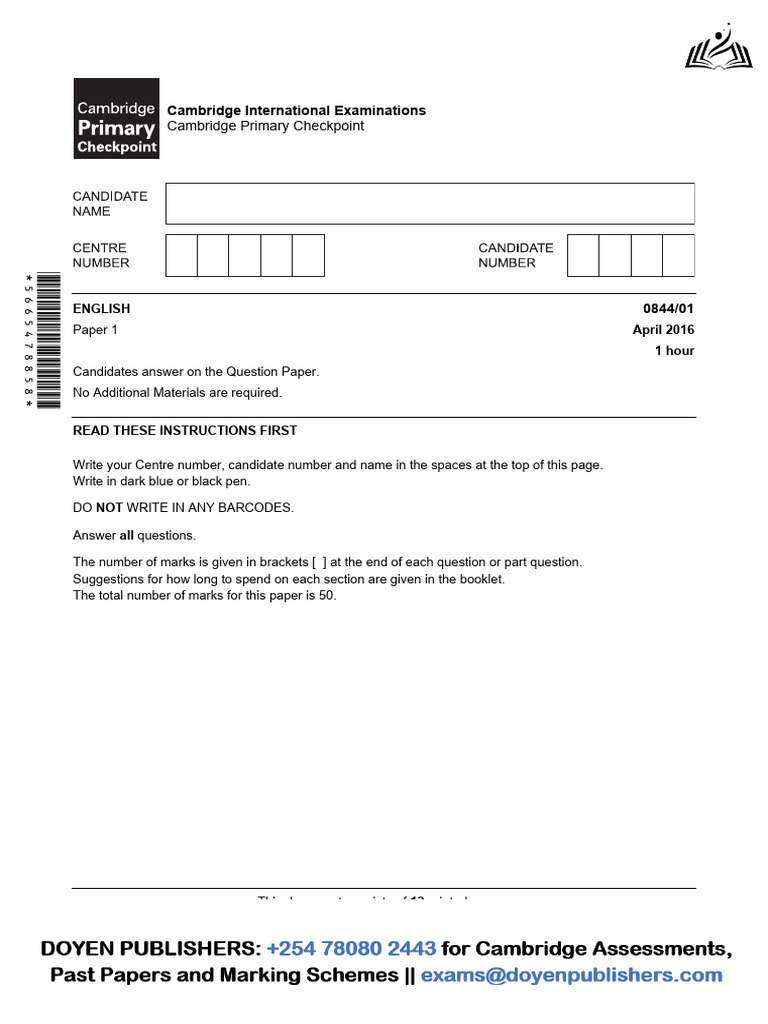 2016 Primary Checkpoint English Paper1 | PDF | Adverb | Sentence (Linguistics)