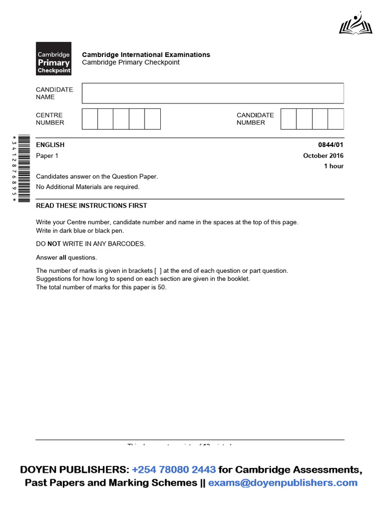 Cambridge Primary Checkpoint English Exam | PDF | Lake | Water
