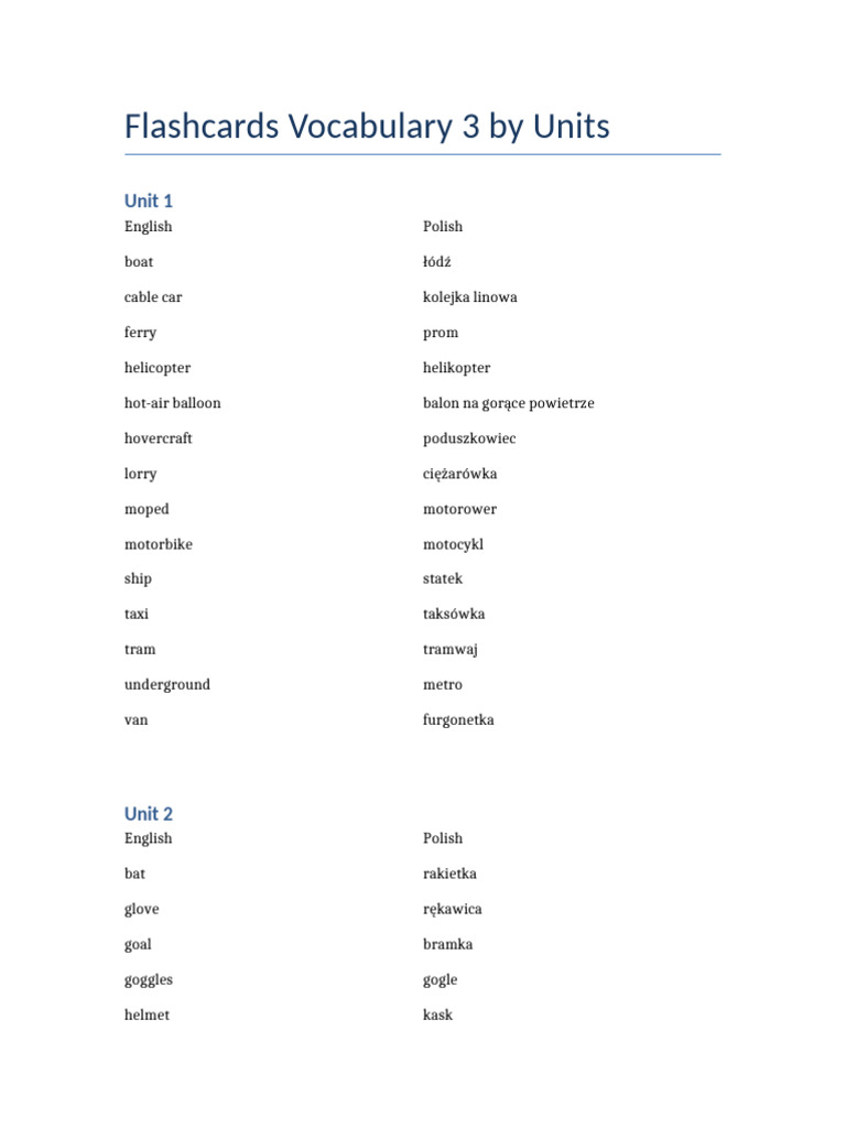 Flashcards Vocabulary 3 by Unit | PDF
