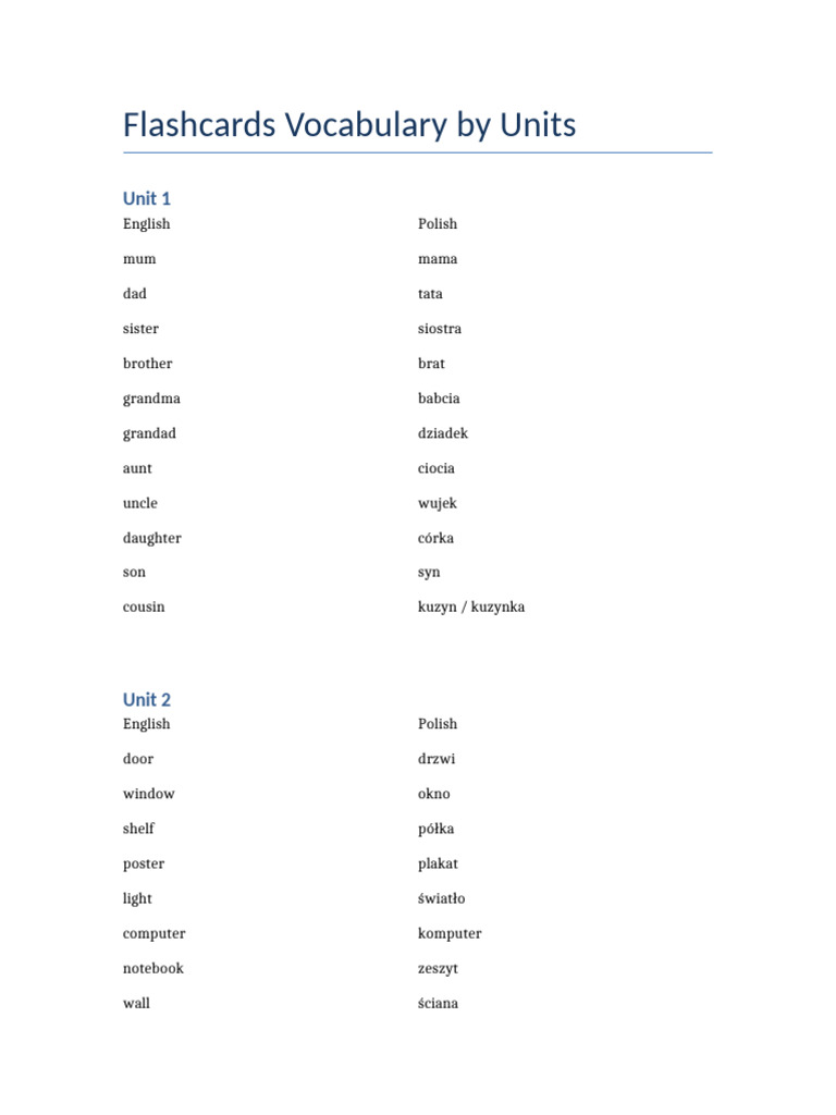 Flashcards Vocabulary by Unit | PDF