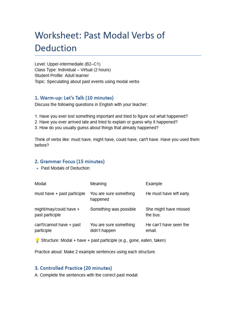 Past Modals Worksheet Individual | PDF | Linguistics | Grammar