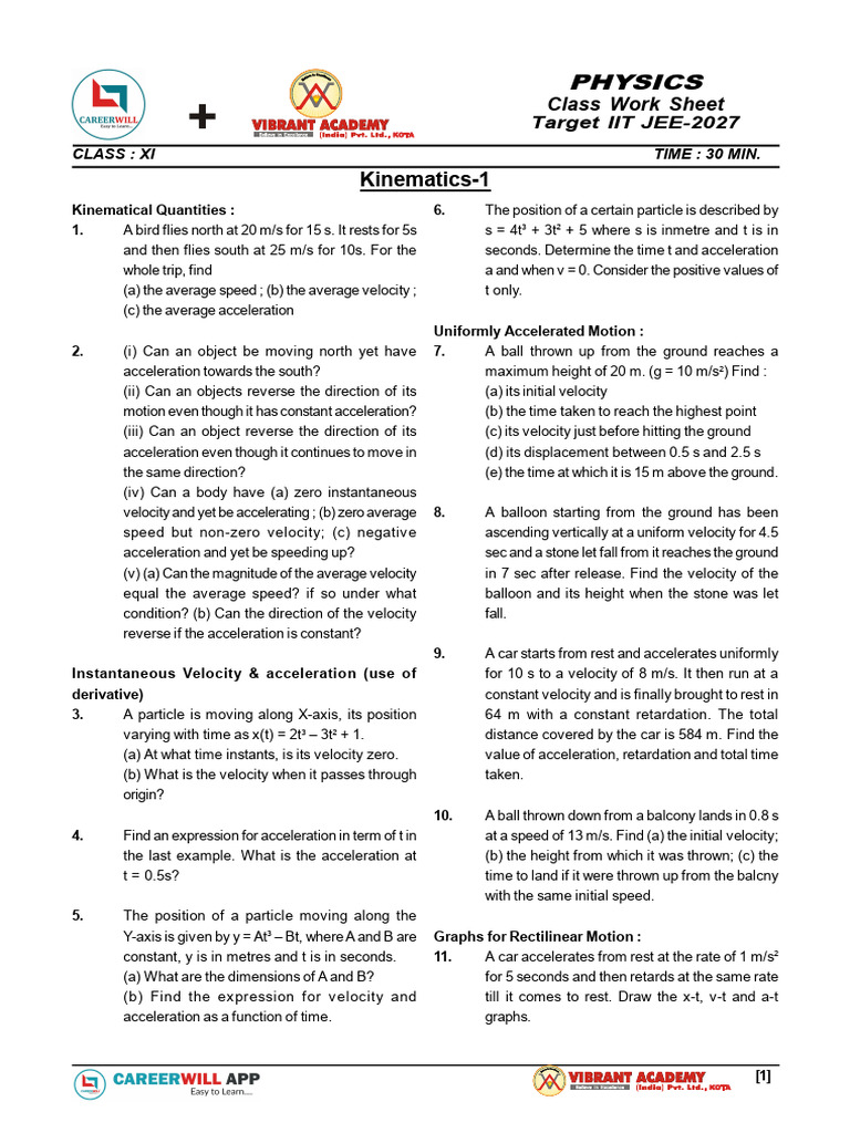 Class Work Sheet Kinematics 1 Without Answer Careerwill Send | PDF ...