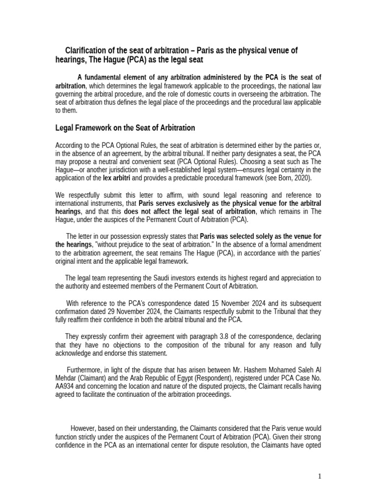 Paris Venue vs. The Hague Seat in Arbitration | PDF | Arbitration | Treaty