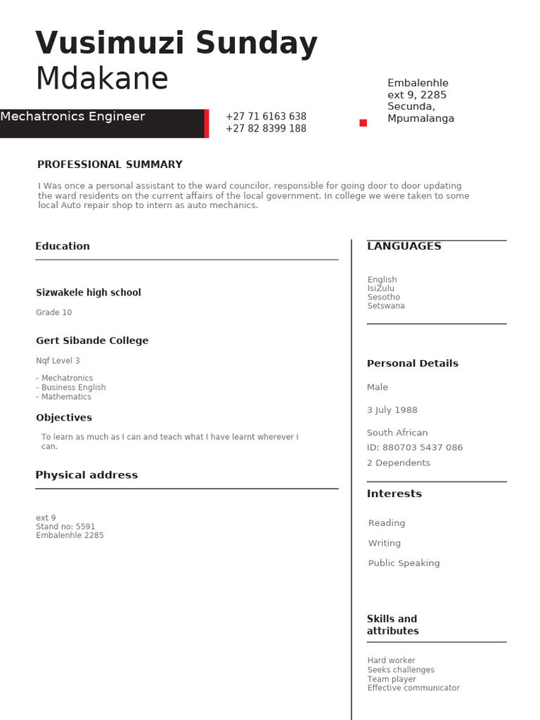 Curriculium Vitae of Vusimuzi Mdakane | PDF