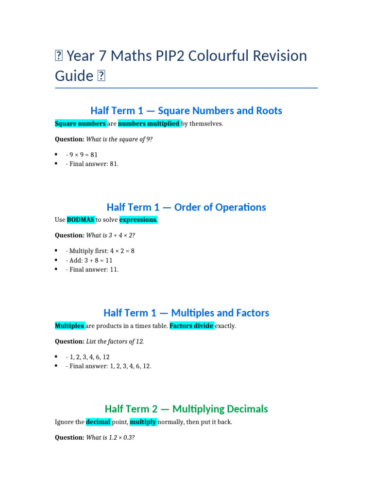 Year7 PIP2 Maths Revision All Topics | PDF