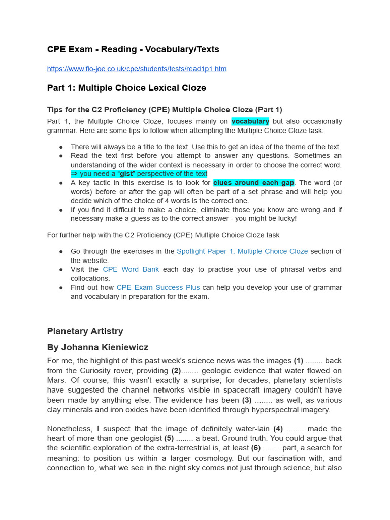 CPE Exam - Reading - Vocabulary - Texts | PDF | English Language | Word