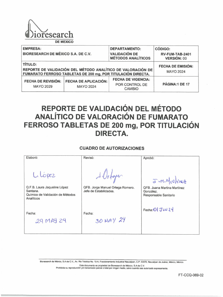 Reporte de Validacion de Valoracion de Fumarato Ferroso | PDF