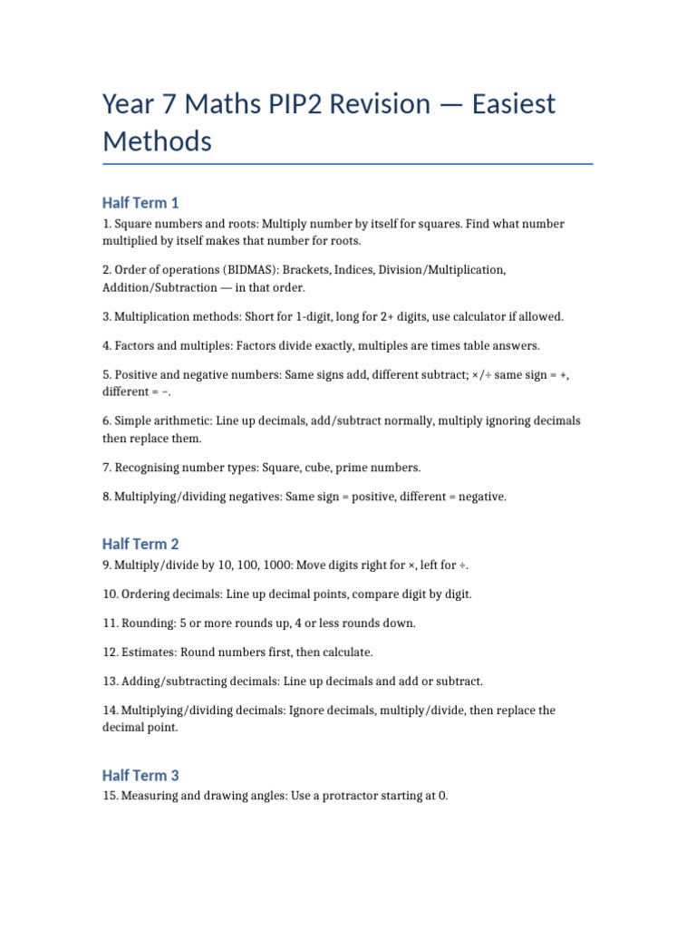Year7 PIP2 Maths Revision | PDF