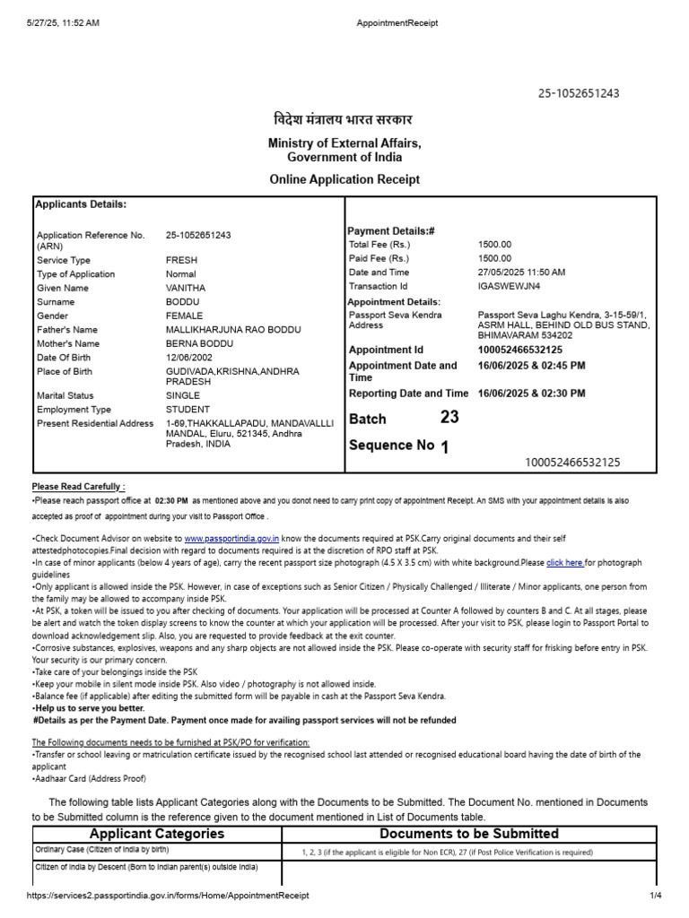 VANITHA BODDU AppointmentReceipt | PDF | Government And Personhood