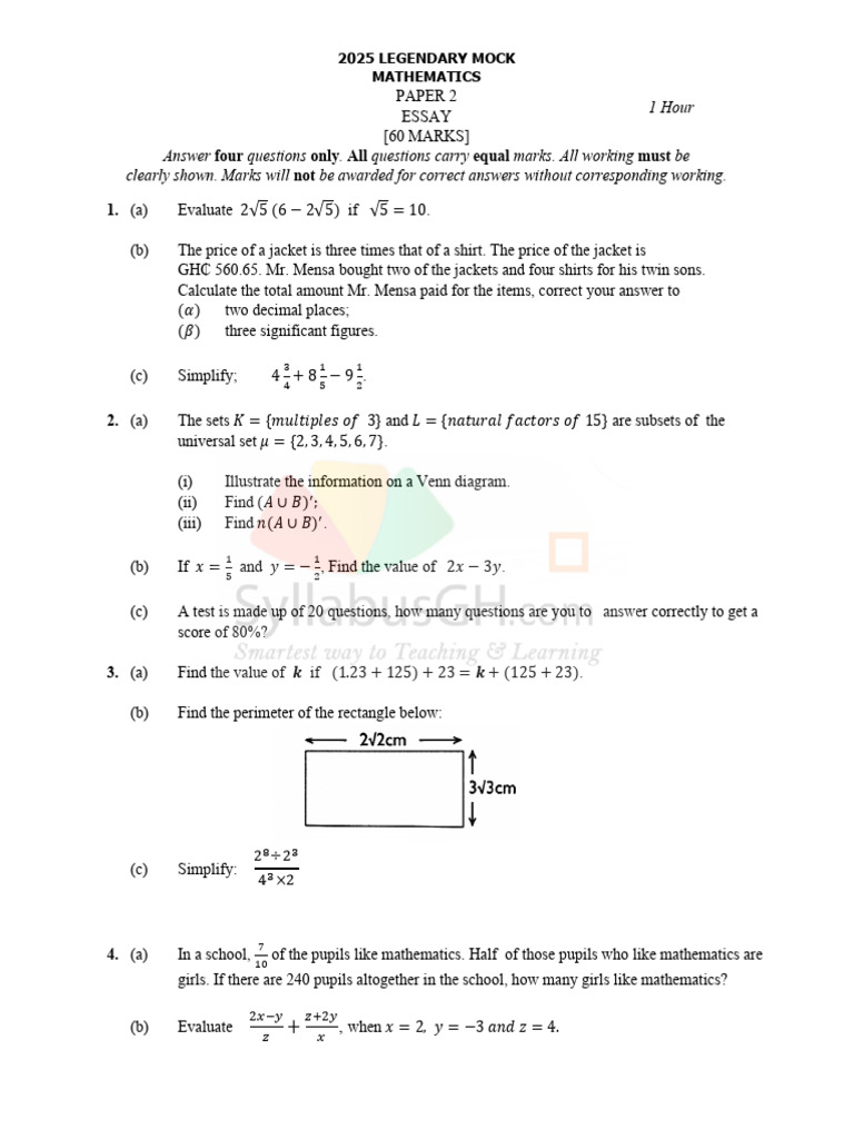 2025 JHS 3 Maths Mock Exam Paper | PDF | Mathematics