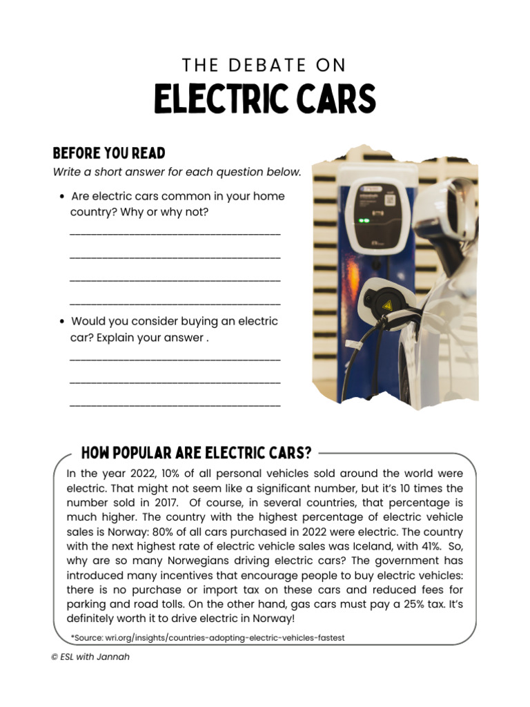 6 - ESL Electric Cars Debate - Reading Comprehension and Conversation ...