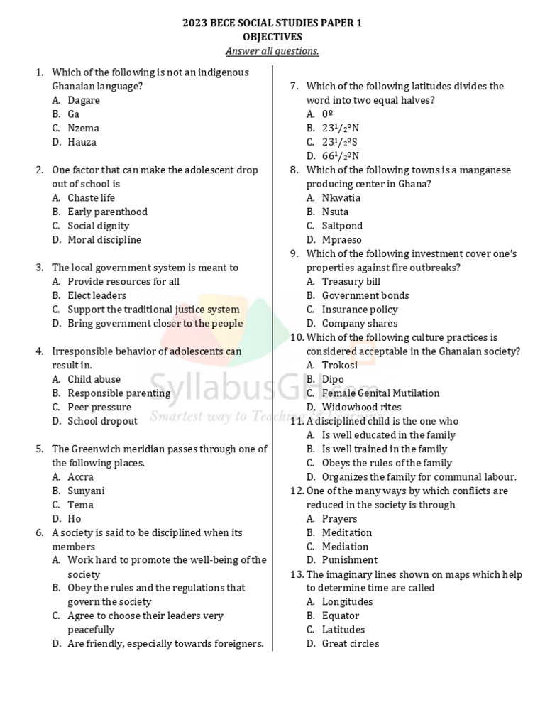 2023 Bece Social Studies Paper 1 | PDF | Ghana