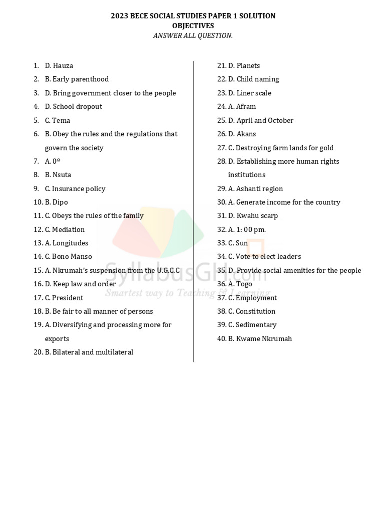 2023 Bece Social Studies Paper 1 Solution | PDF