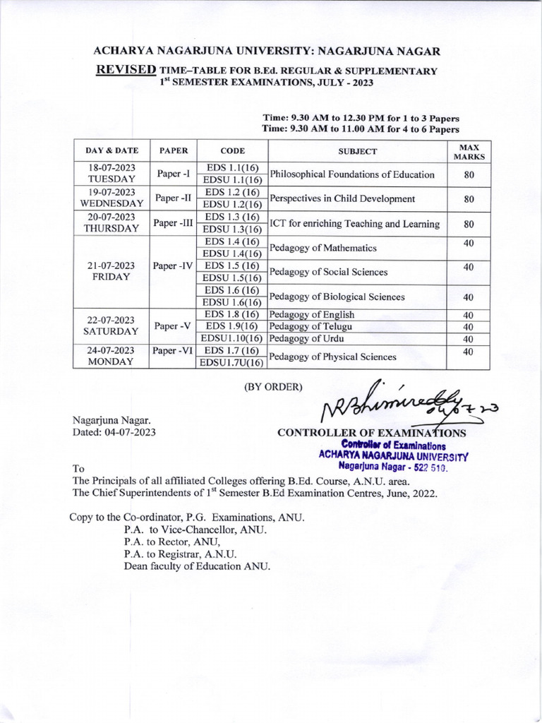 REVISED B.ed 1st Semester Examinations Time-Table July, 2023 | PDF