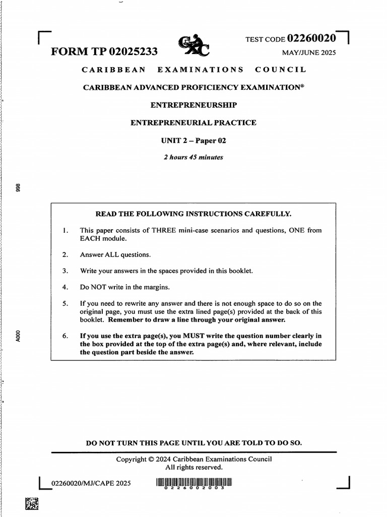 CAPE Entrep Unit 2 Paper 2 2025 | PDF